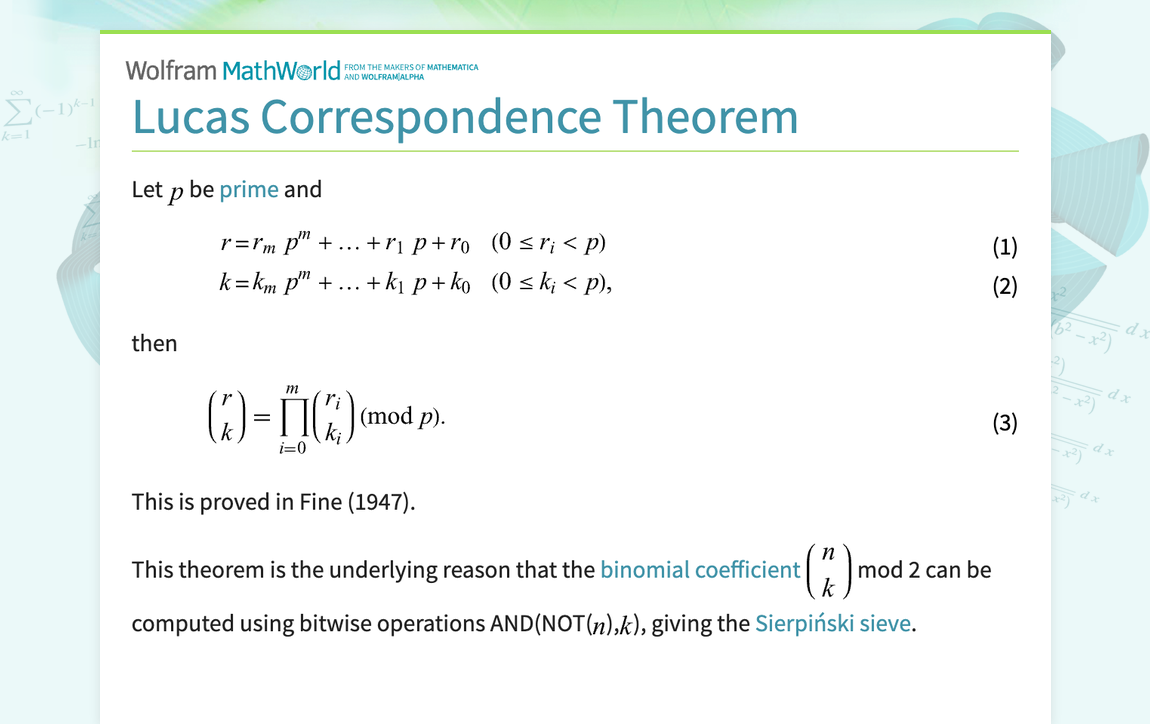 Lucas Correspondence Theorem -- from Wolfram MathWorld