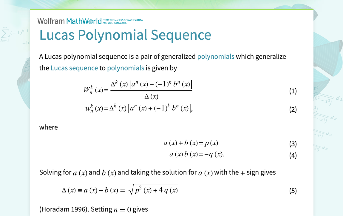 Lucas Polynomial Sequence From Wolfram Mathworld