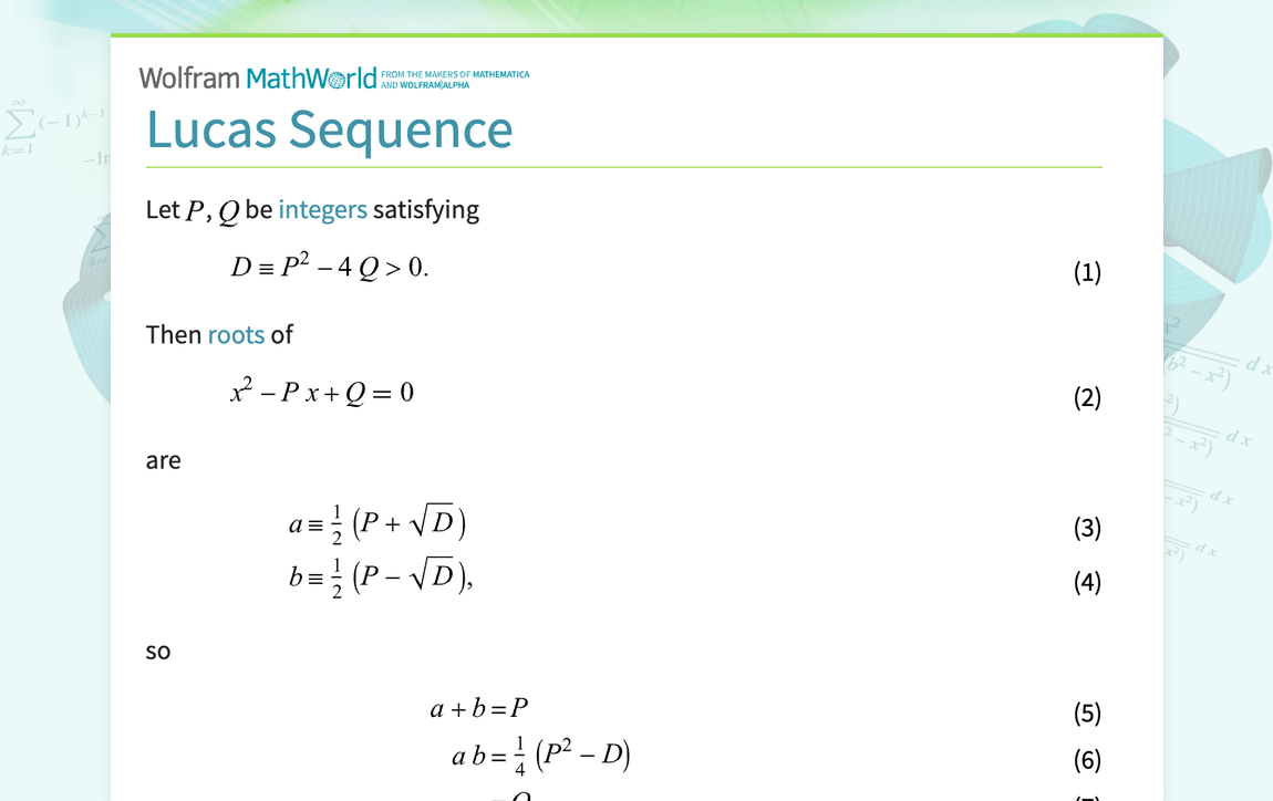 Lucas Sequence -- from Wolfram MathWorld