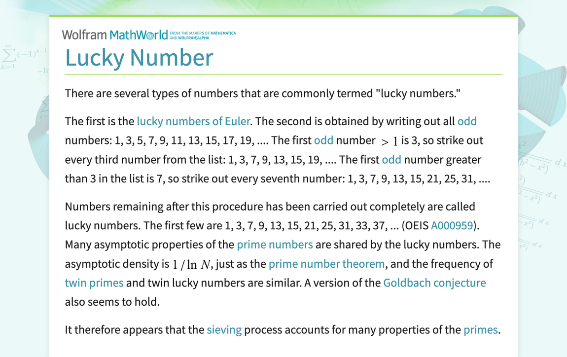 Lucky Number -- from Wolfram MathWorld