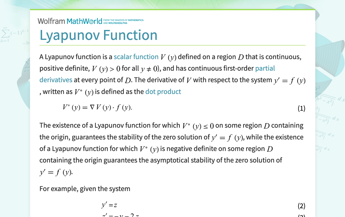 Lyapunov Function -- from Wolfram MathWorld