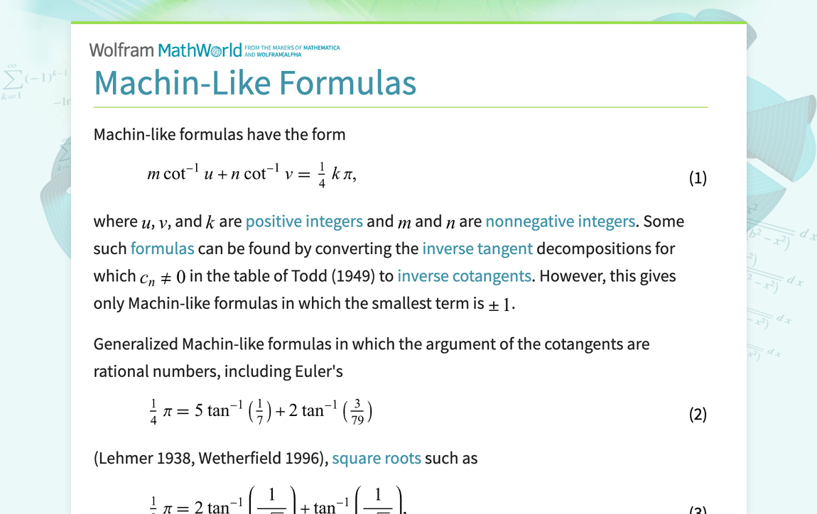 Machin-Like Formulas -- from Wolfram MathWorld
