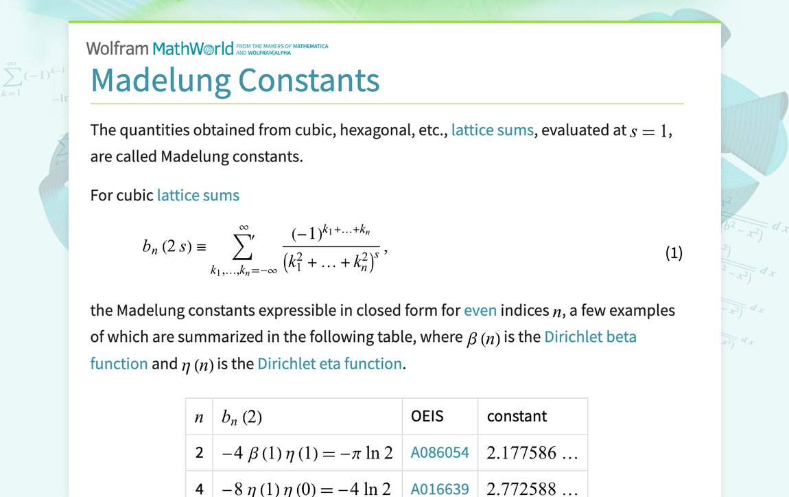 Madelung Constants -- from Wolfram MathWorld