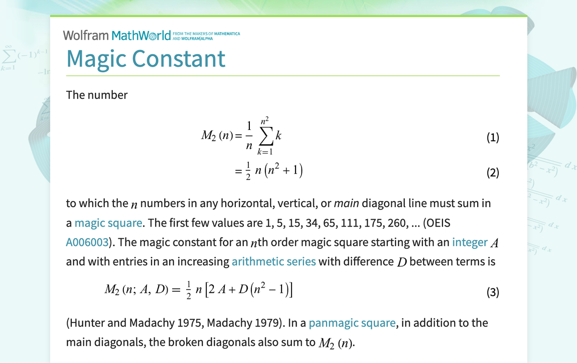 Magic Constant -- from Wolfram MathWorld