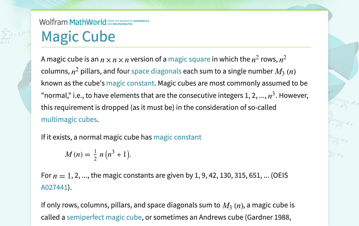 Magic Cube -- from Wolfram MathWorld