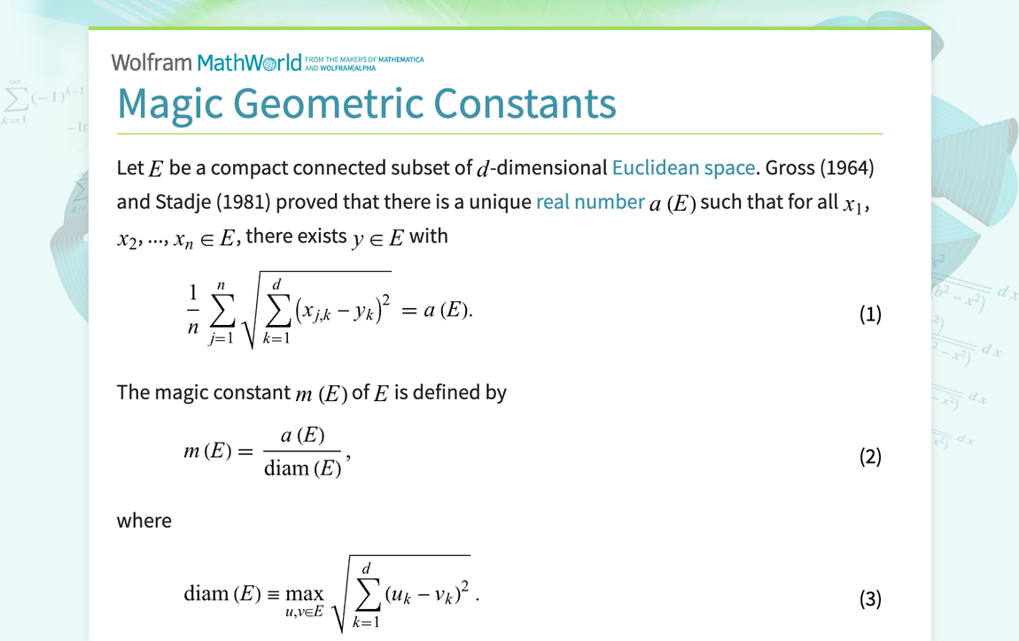 Magic Geometric Constants -- from Wolfram MathWorld
