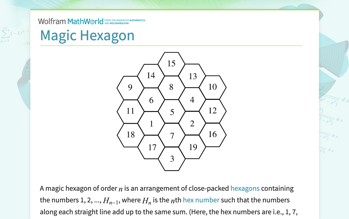 Magic Hexagon -- from Wolfram MathWorld