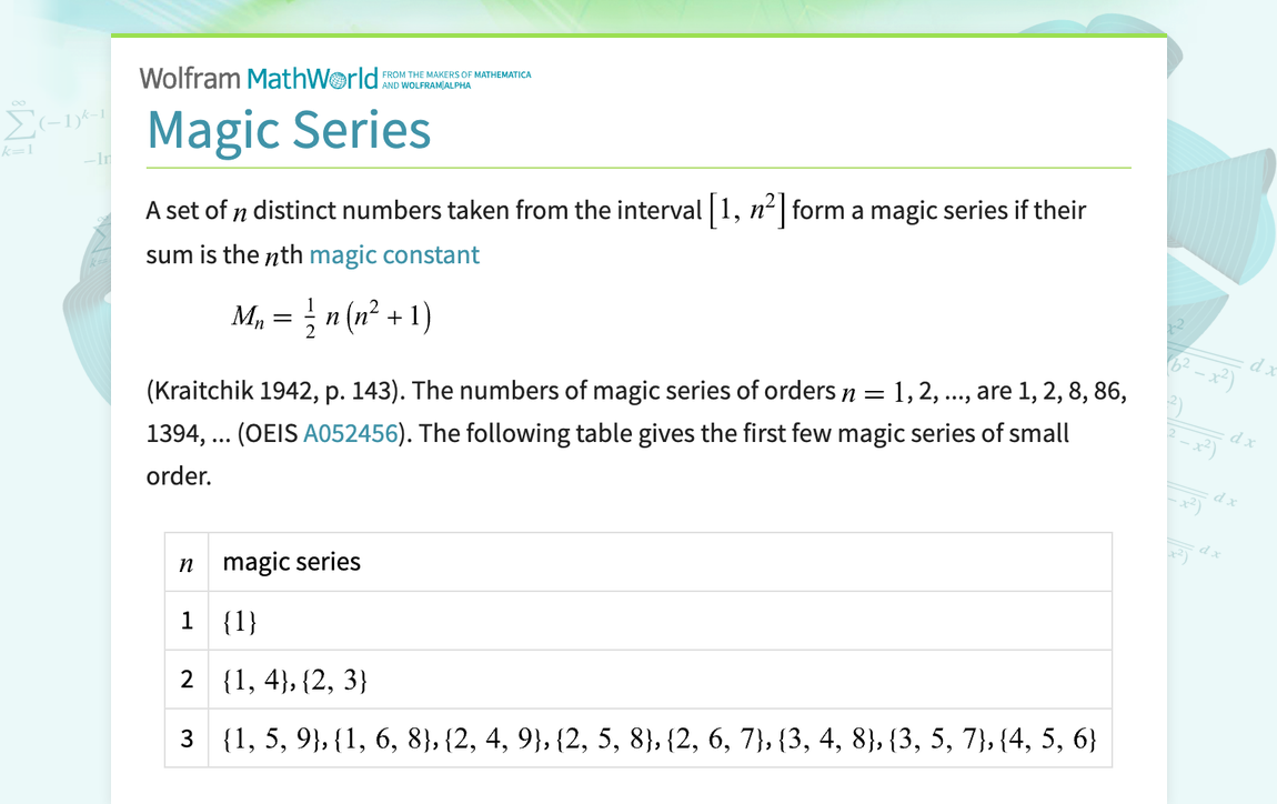 Magic Series -- from Wolfram MathWorld