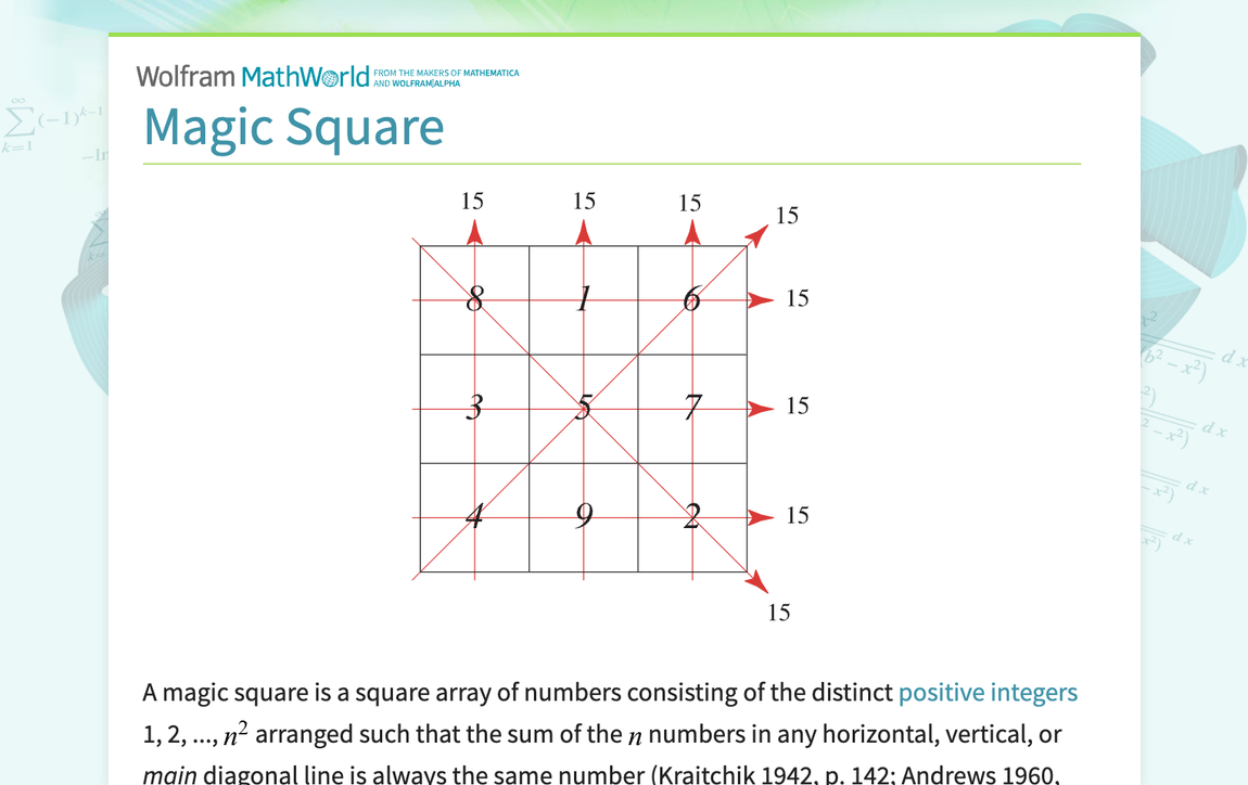Magic Square -- from Wolfram MathWorld