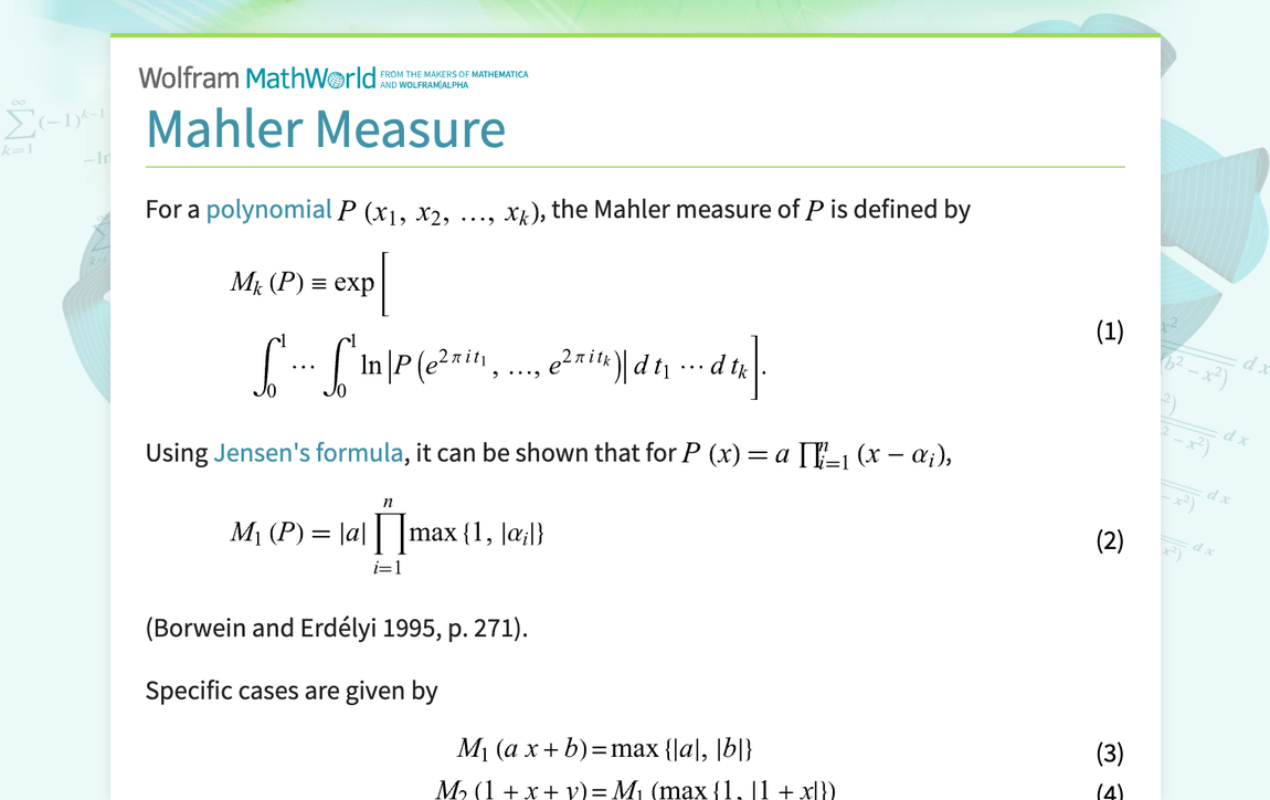 Mahler Measure -- from Wolfram MathWorld