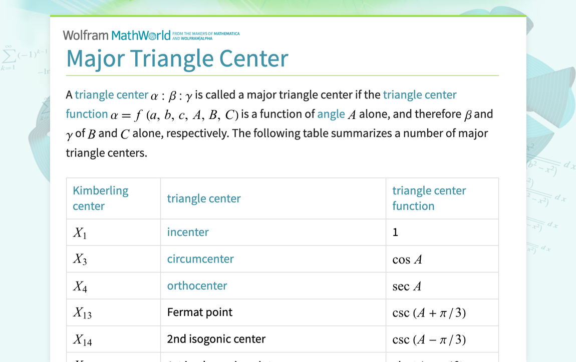Major Triangle Center -- from Wolfram MathWorld