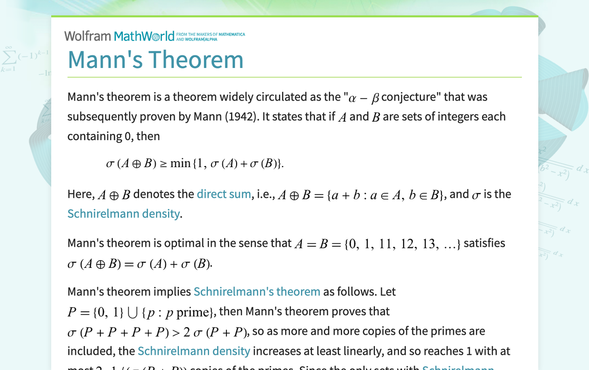 Mann's Theorem -- from Wolfram MathWorld