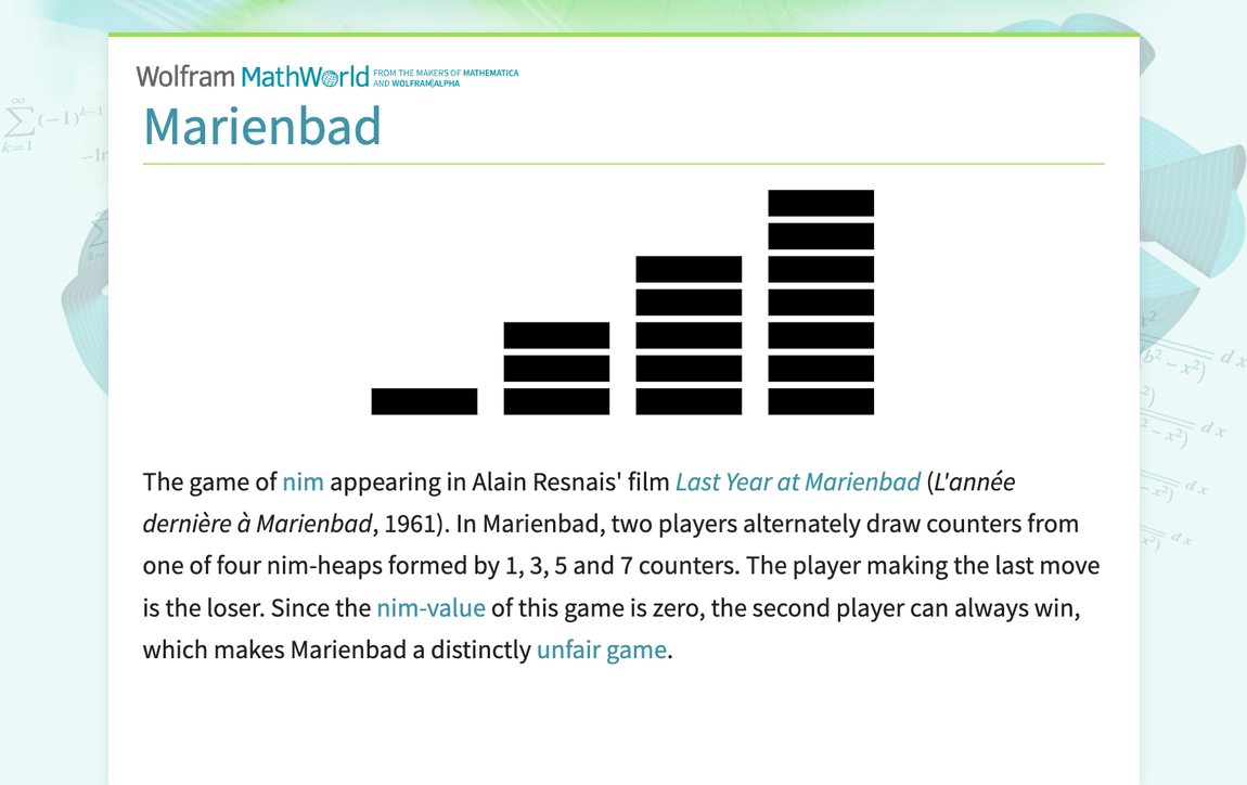 Marienbad -- from Wolfram MathWorld