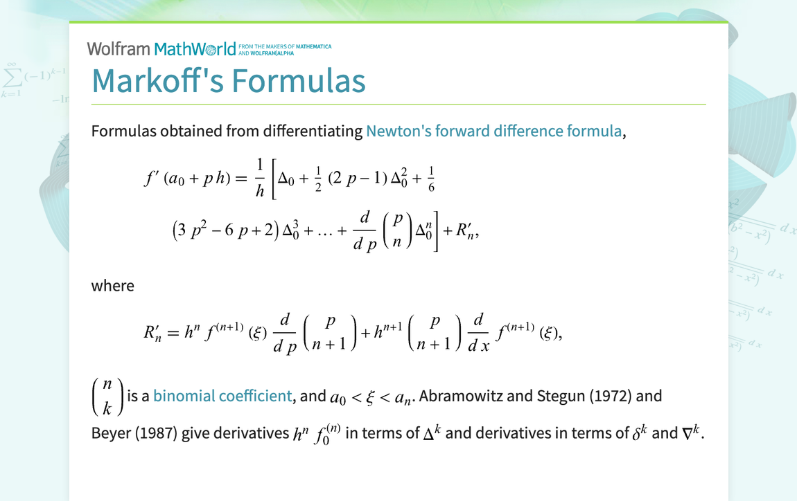 Markoff's Formulas -- from Wolfram MathWorld