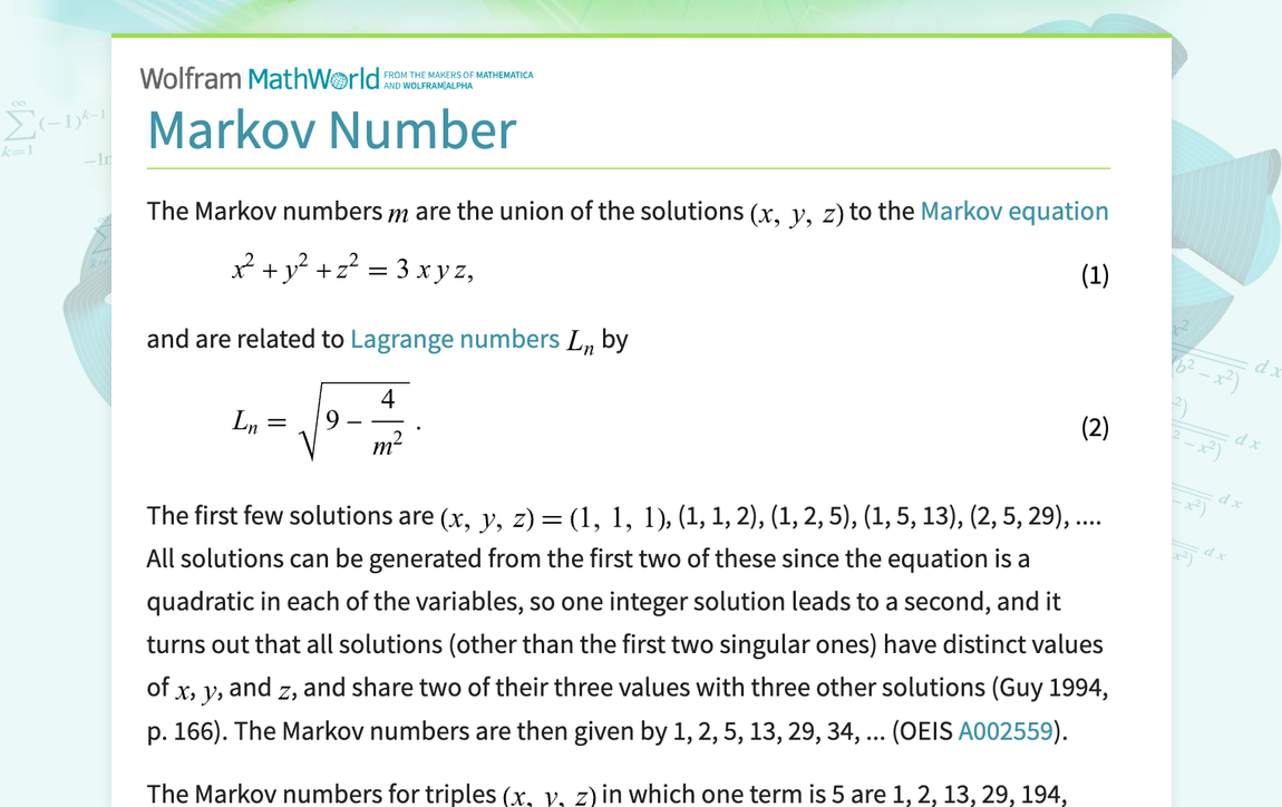 Markov Number -- from Wolfram MathWorld