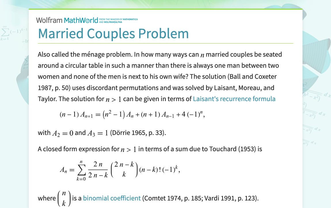 Married Couples Problem -- from Wolfram MathWorld