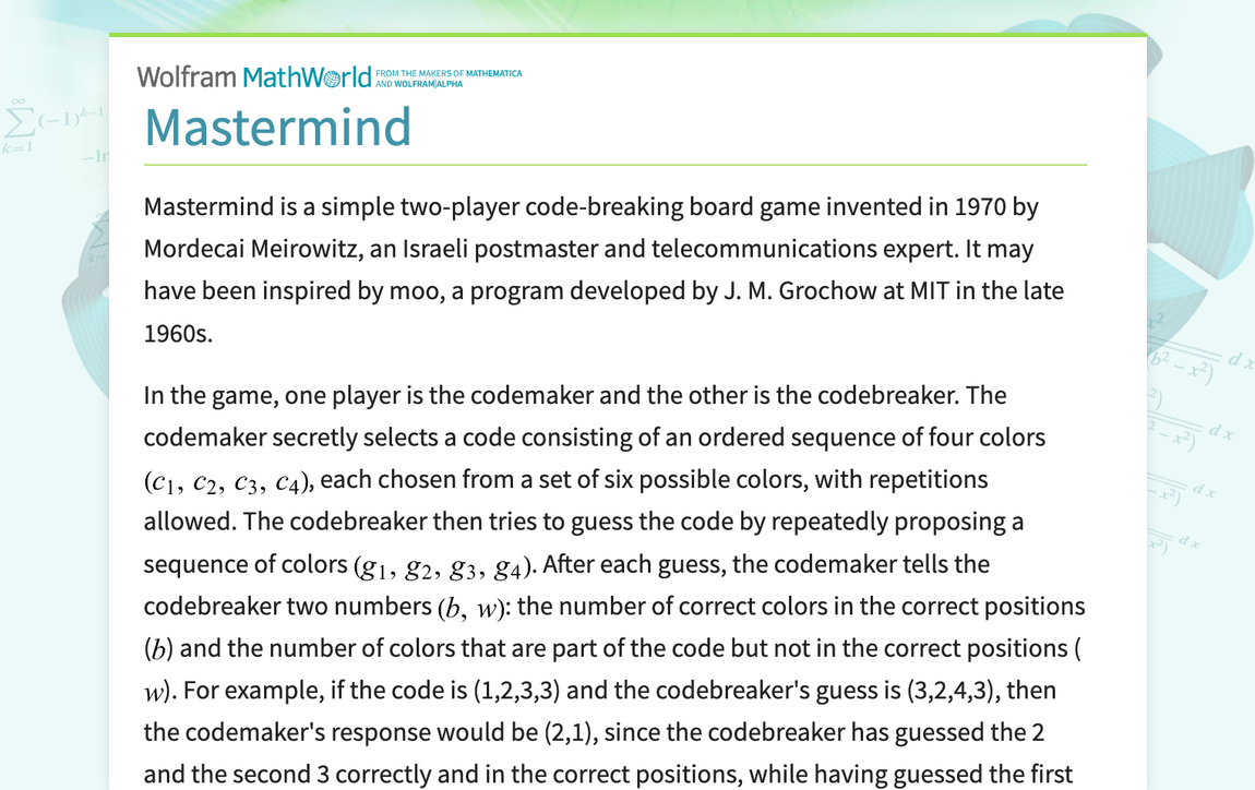 Mastermind -- from Wolfram MathWorld