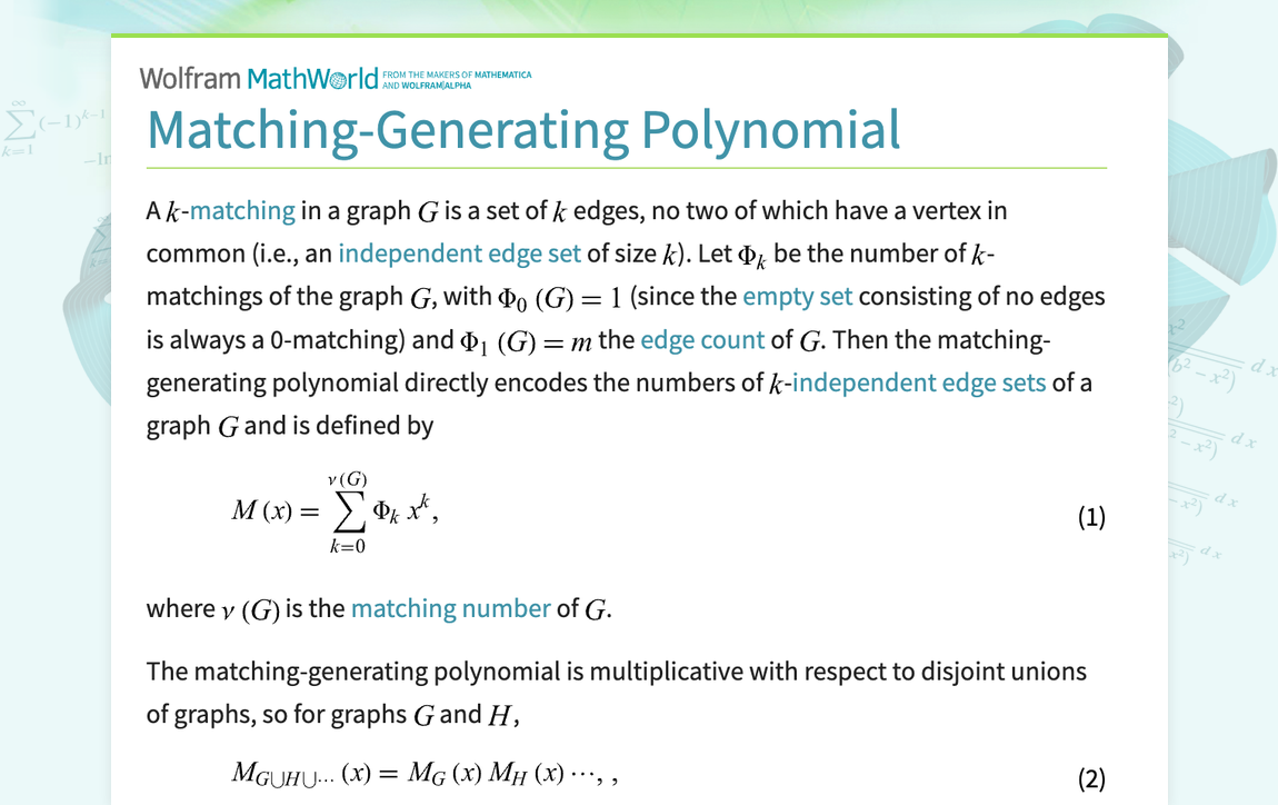 Matching-Generating Polynomial -- from Wolfram MathWorld