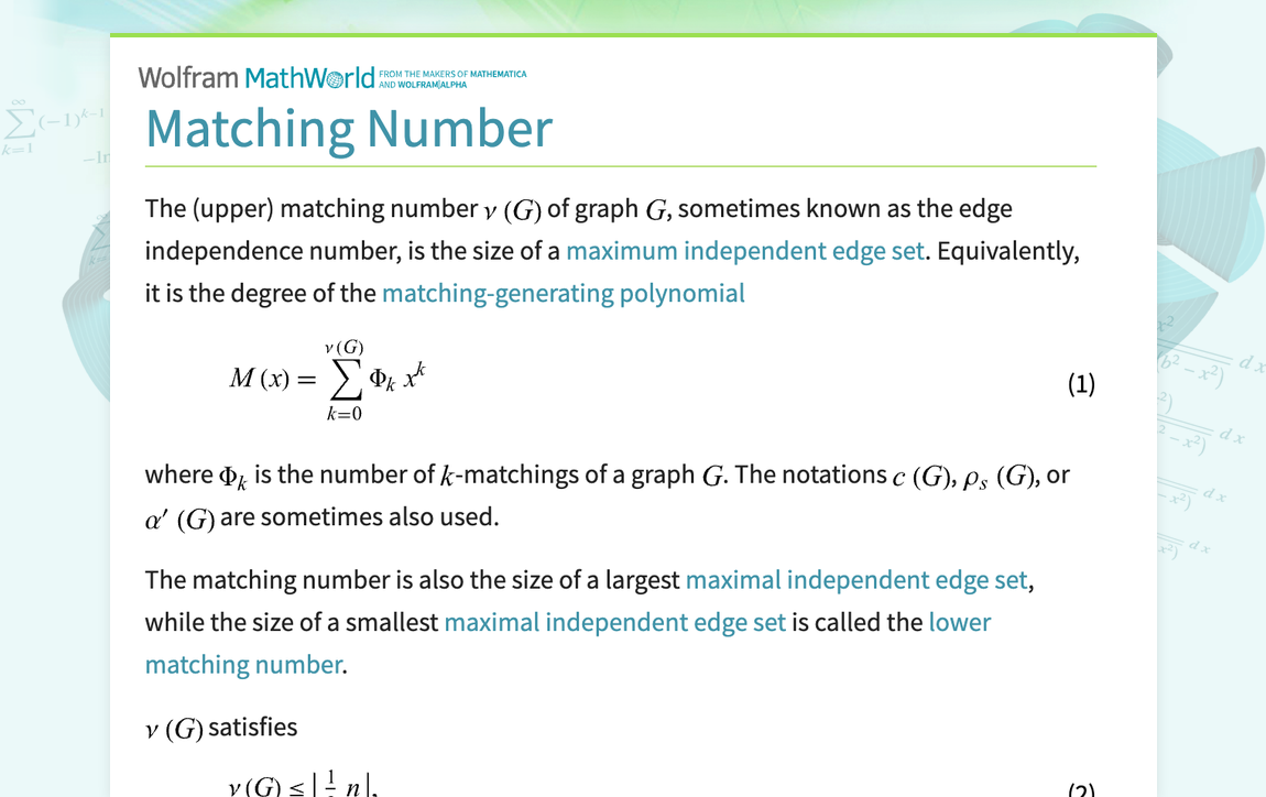 Matching Number -- from Wolfram MathWorld