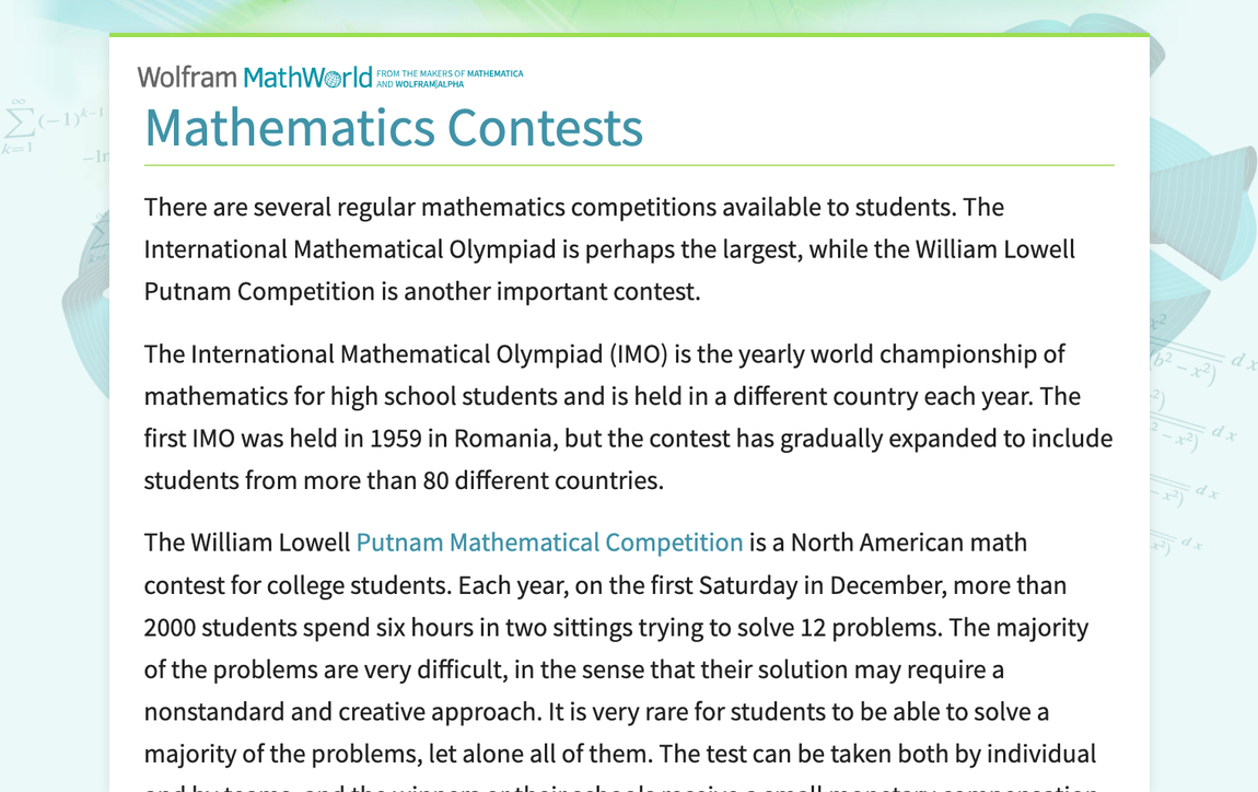 Mathematics Contests -- from Wolfram MathWorld