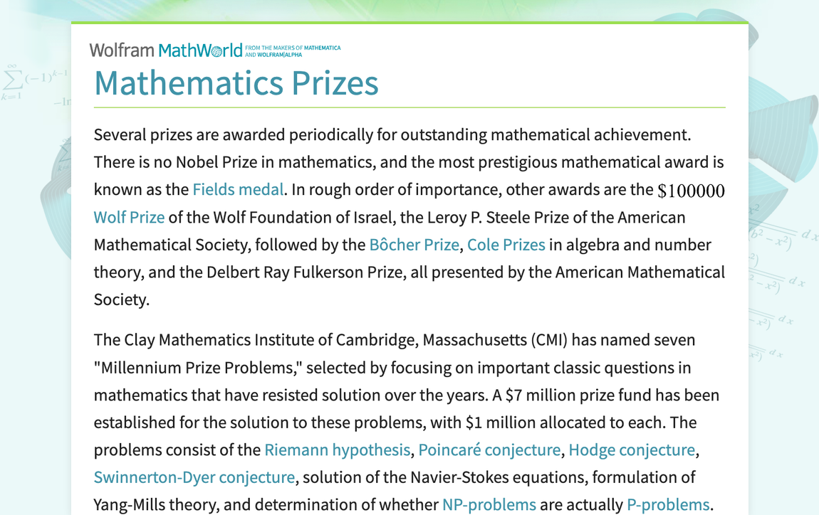Mathematics Prizes -- from Wolfram MathWorld