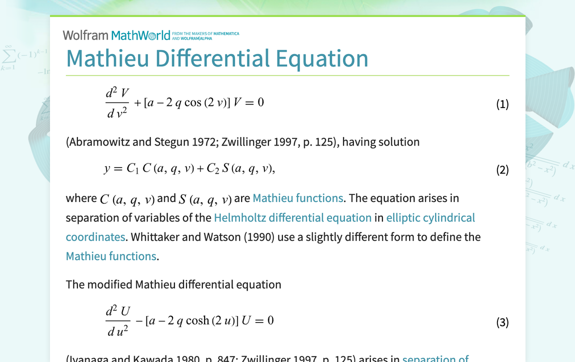 Mathieu Differential Equation -- from Wolfram MathWorld