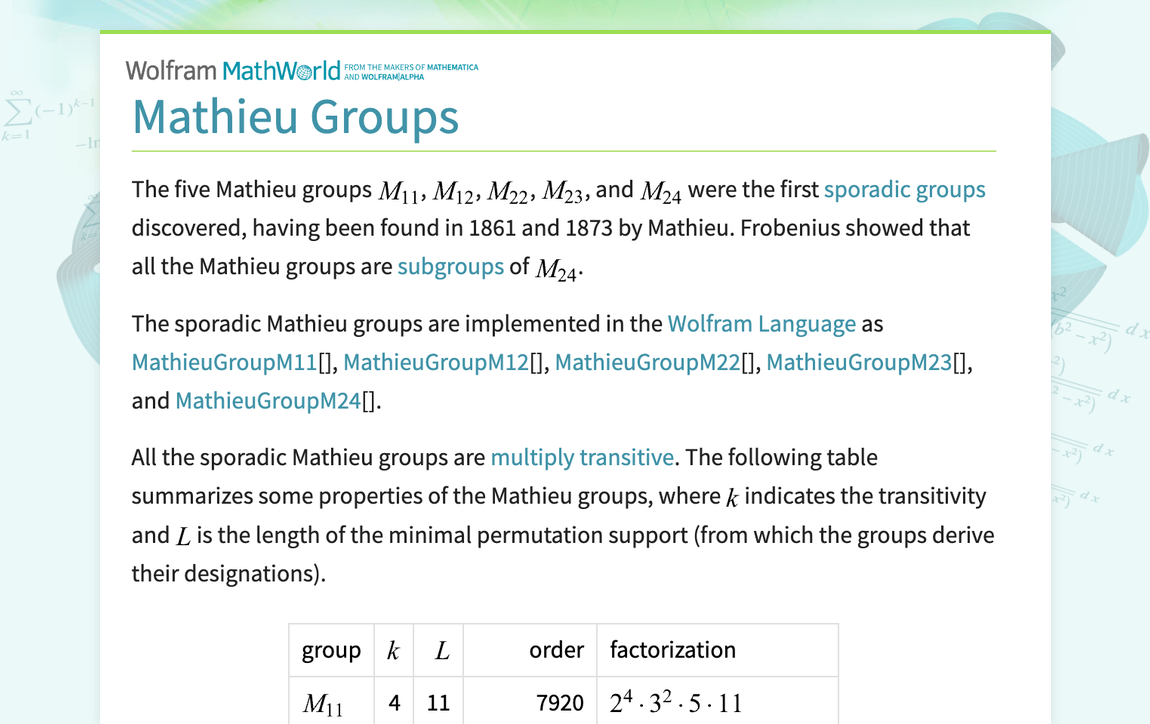 Mathieu Groups -- from Wolfram MathWorld