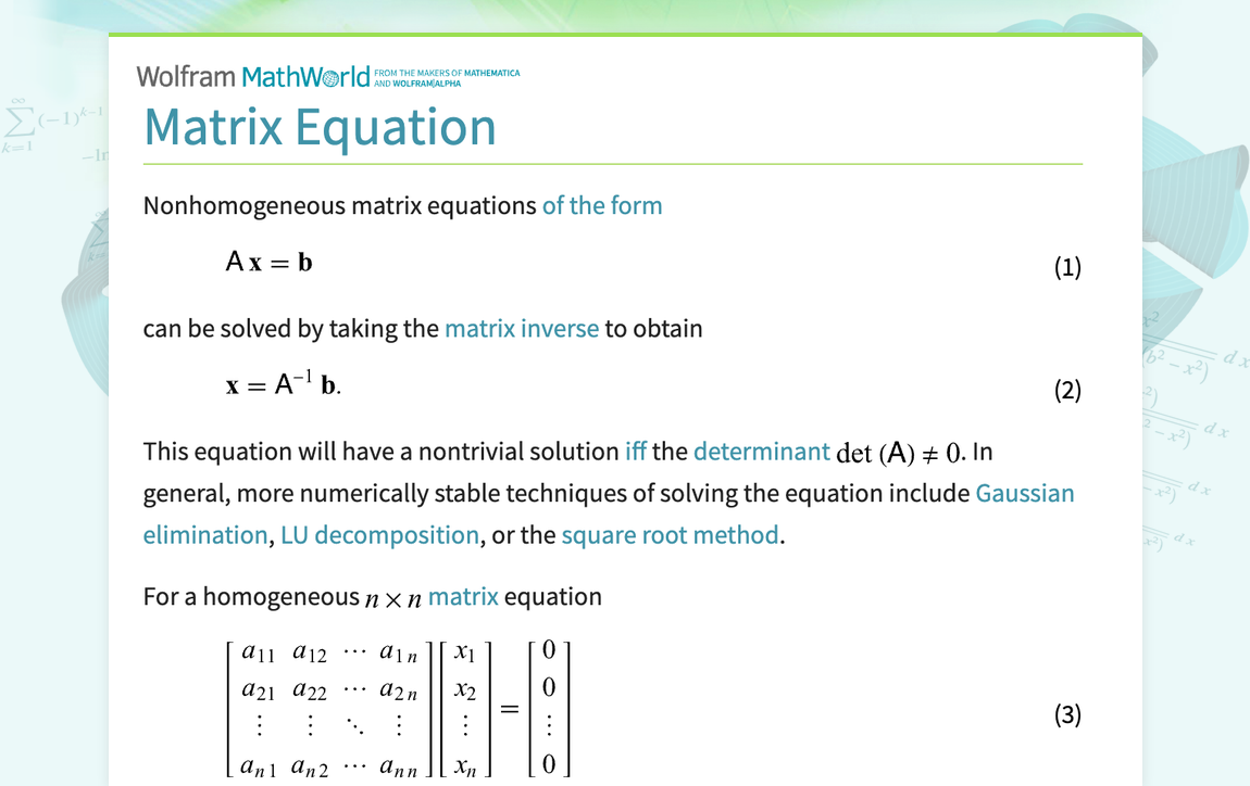 Matrix Equation from Wolfram MathWorld