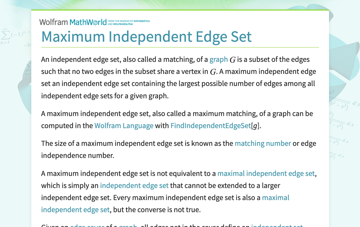 Maximum Independent Edge Set -- from Wolfram MathWorld