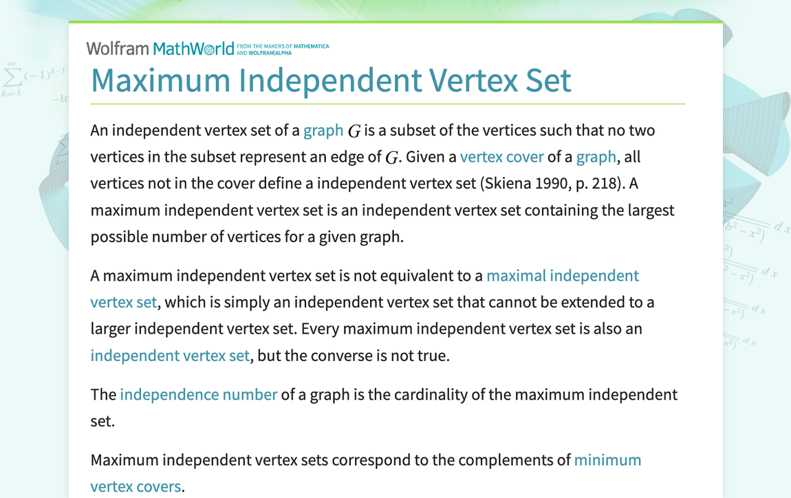 Maximum Independent Vertex Set -- from Wolfram MathWorld