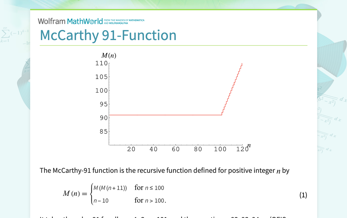 McCarthy 91-Function -- from Wolfram MathWorld