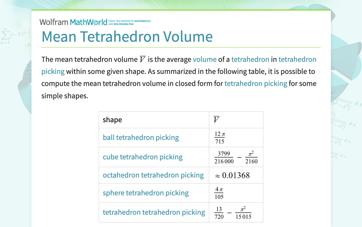 Mean Tetrahedron Volume -- from Wolfram MathWorld