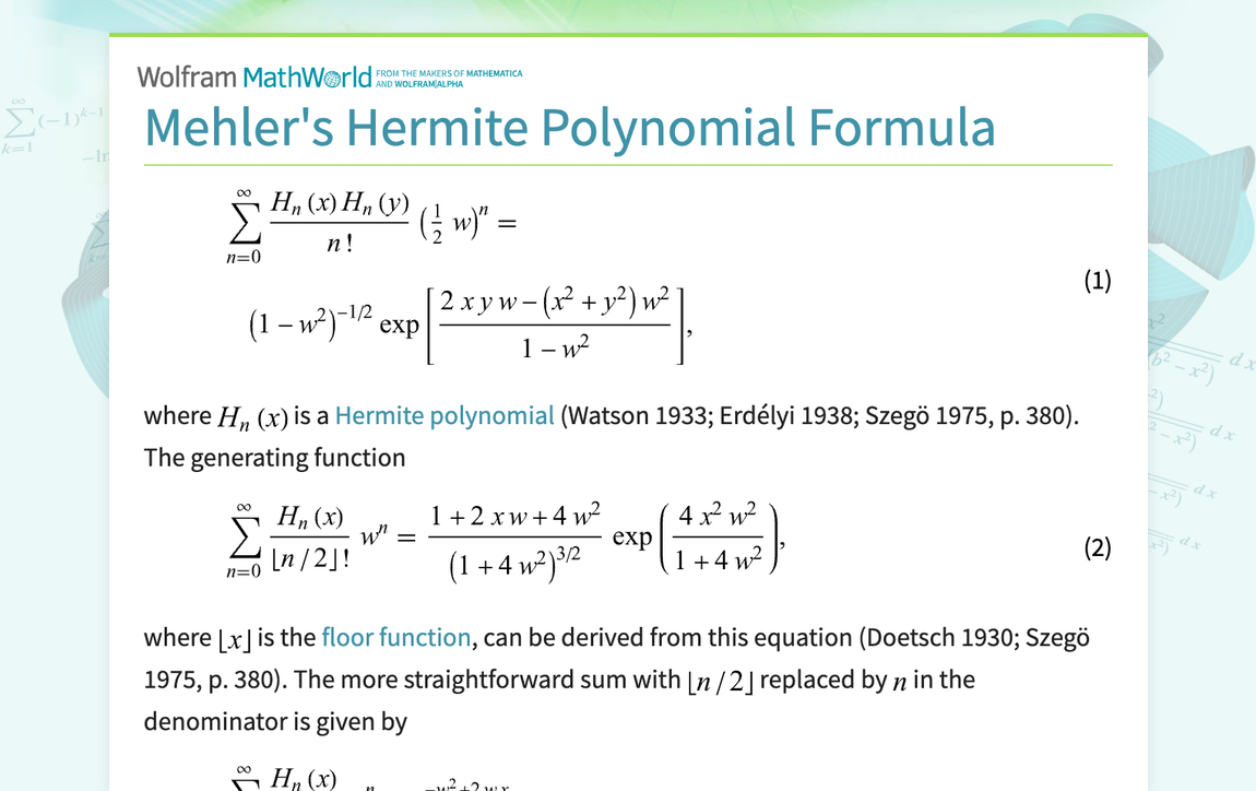 Mehler's Hermite Polynomial Formula -- from Wolfram MathWorld