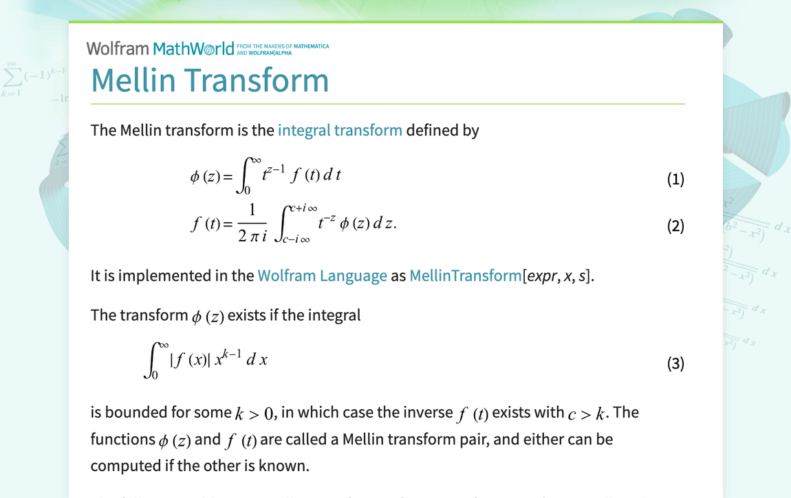 Mellin Transform -- from Wolfram MathWorld