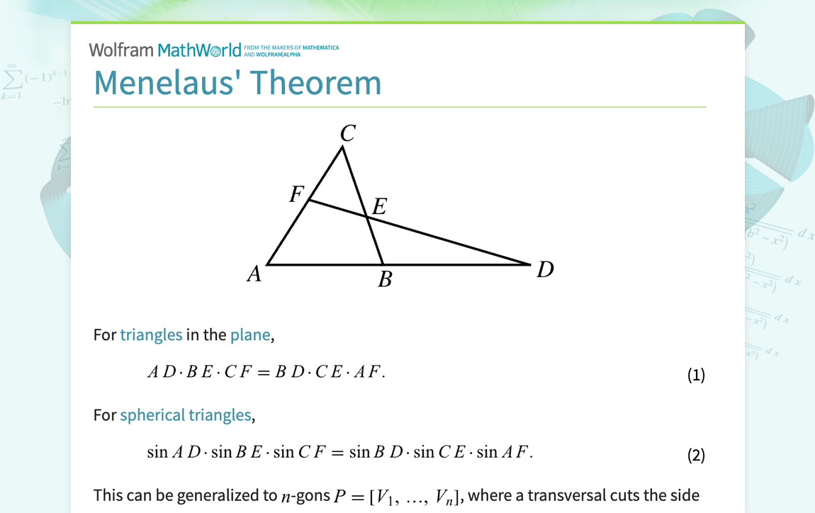 Menelaus' Theorem -- from Wolfram MathWorld