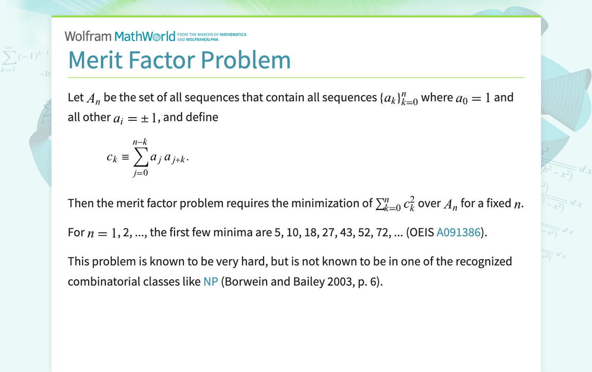 Merit Factor Problem -- from Wolfram MathWorld