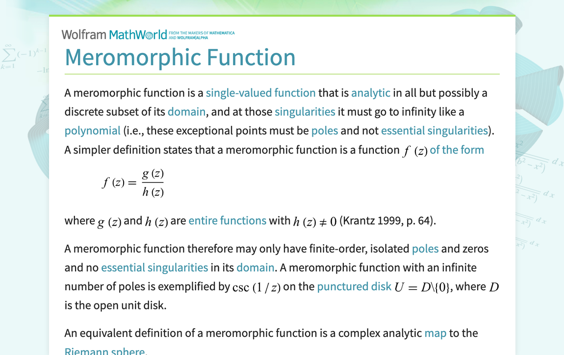 Meromorphic Function -- from Wolfram MathWorld
