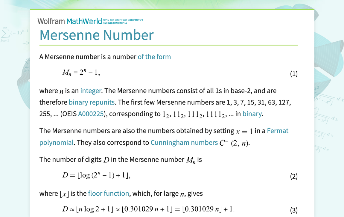 Mersenne Number -- from Wolfram MathWorld