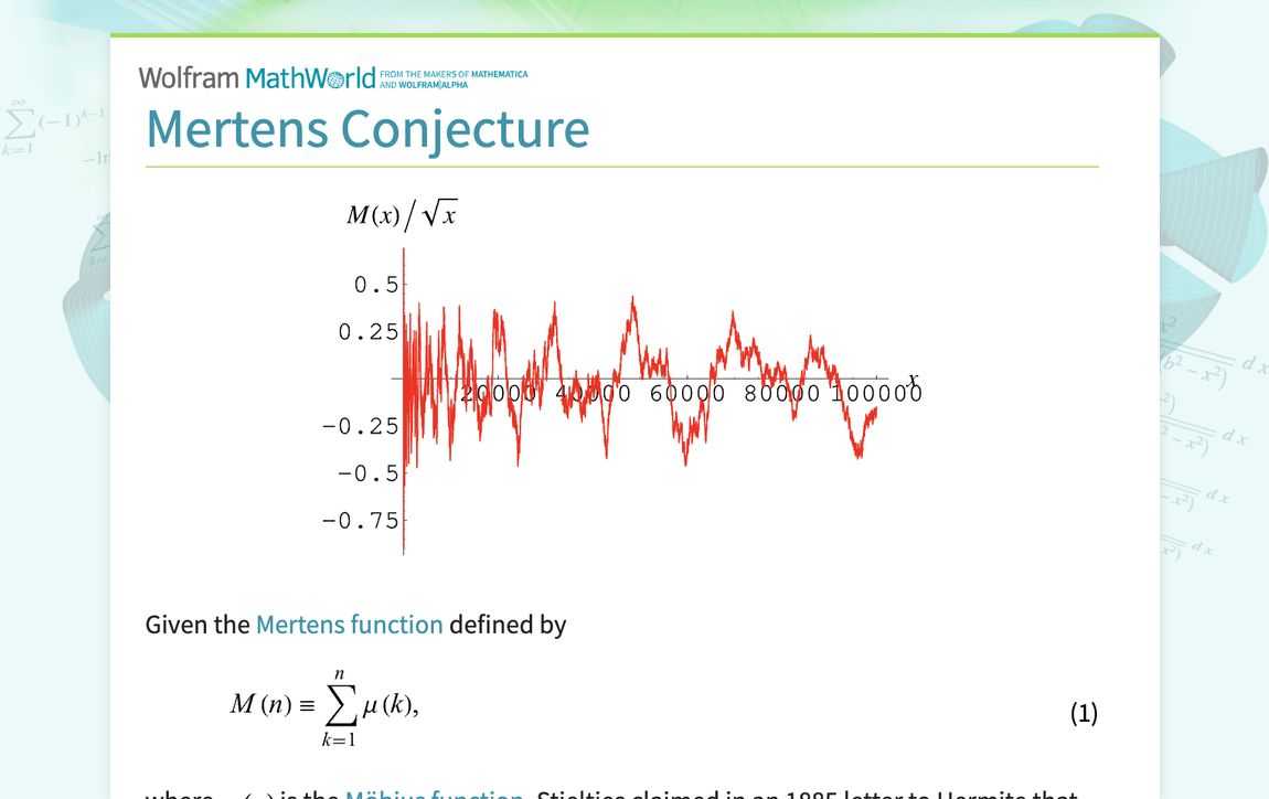 Mertens Conjecture -- from Wolfram MathWorld