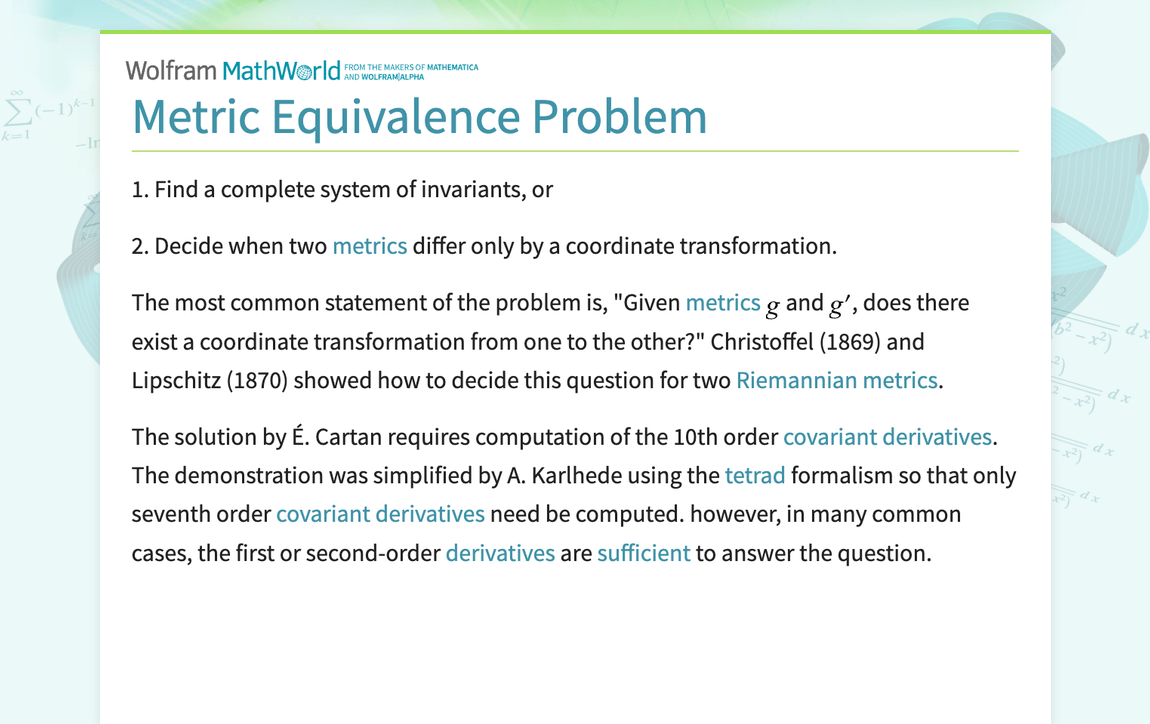 Metric Equivalence Problem -- from Wolfram MathWorld