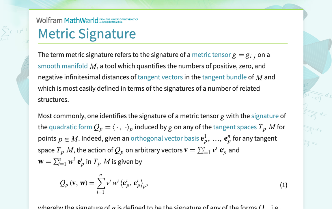 Metric Signature -- from Wolfram MathWorld