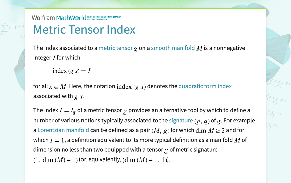 Metric Tensor Index -- from Wolfram MathWorld