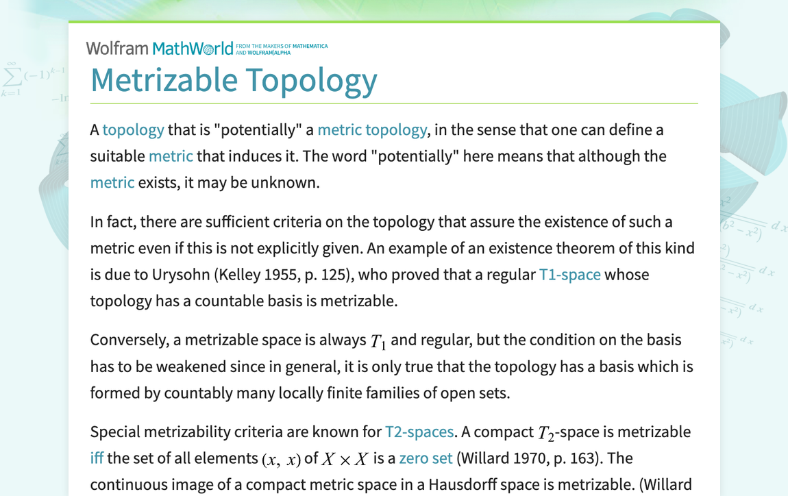 Metrizable Topology -- from Wolfram MathWorld