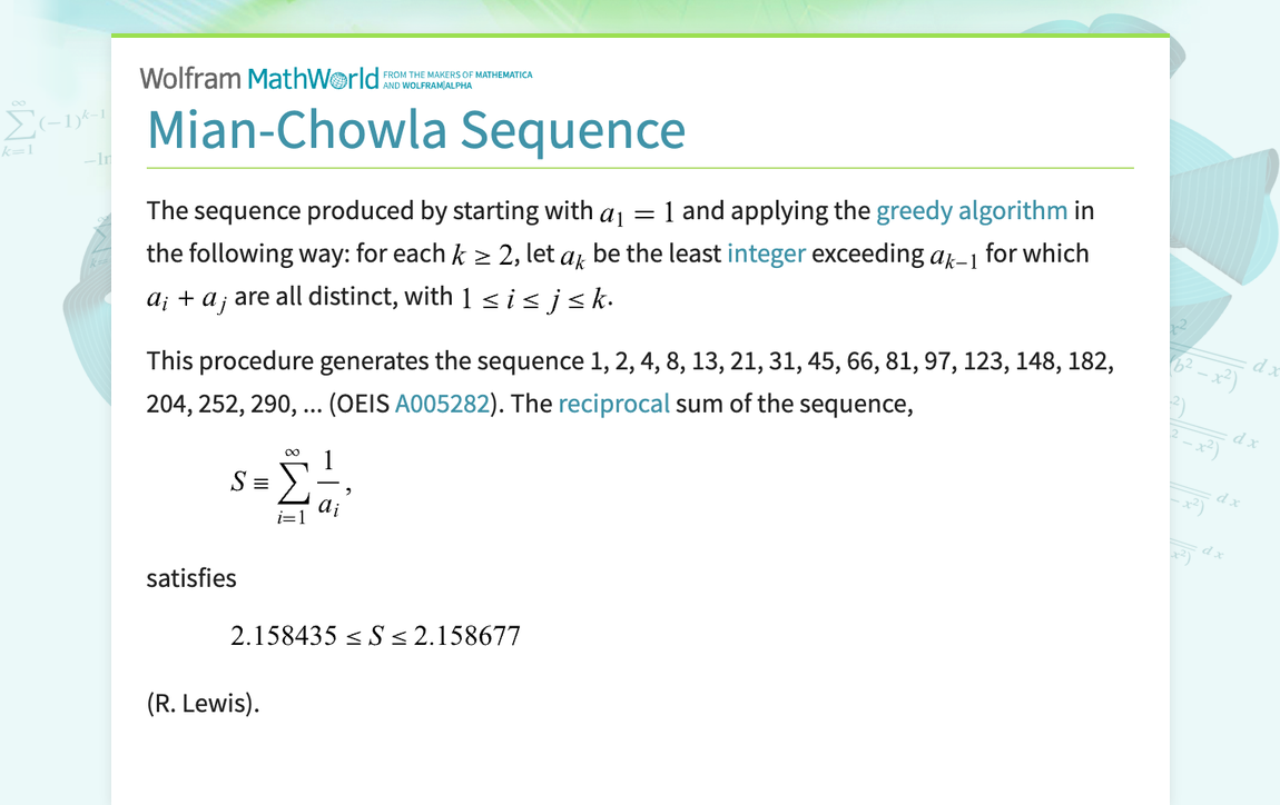 Mian-Chowla Sequence -- from Wolfram MathWorld