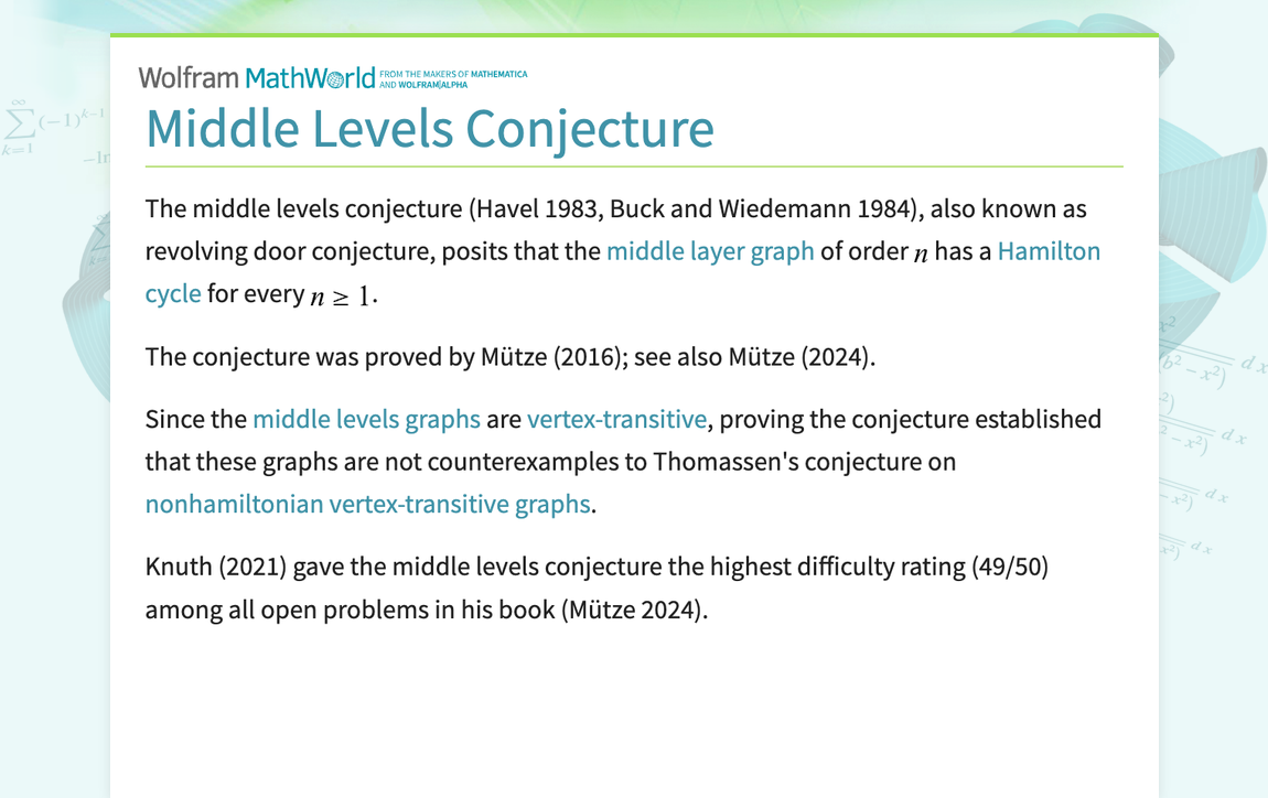 Middle Levels Conjecture -- from Wolfram MathWorld