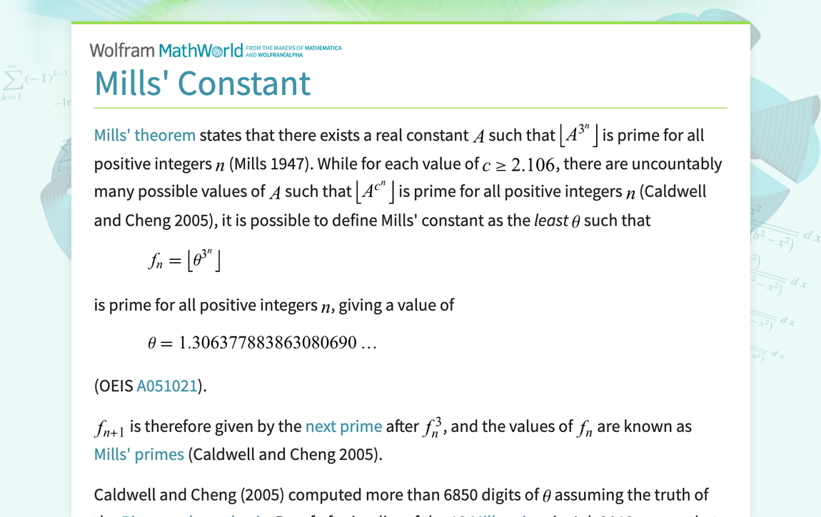 Mills' Constant -- from Wolfram MathWorld