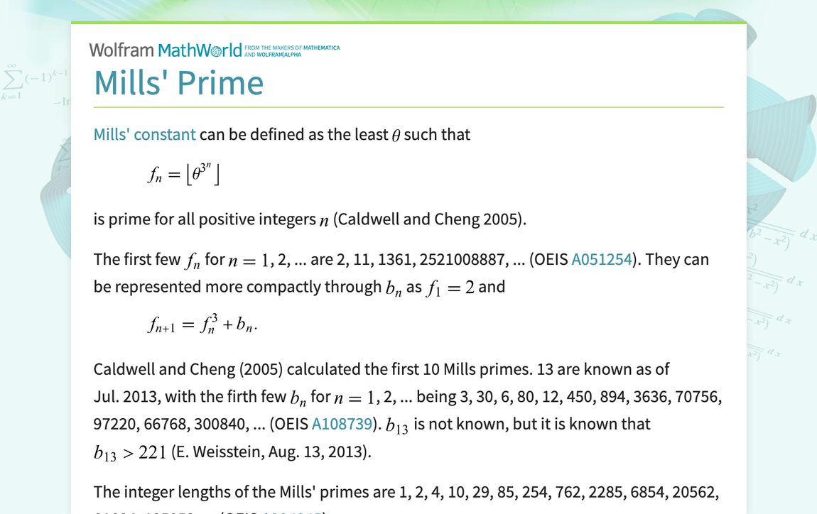 Mills' Prime -- from Wolfram MathWorld