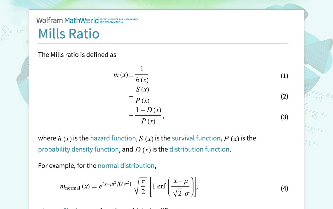 Mills Ratio -- from Wolfram MathWorld