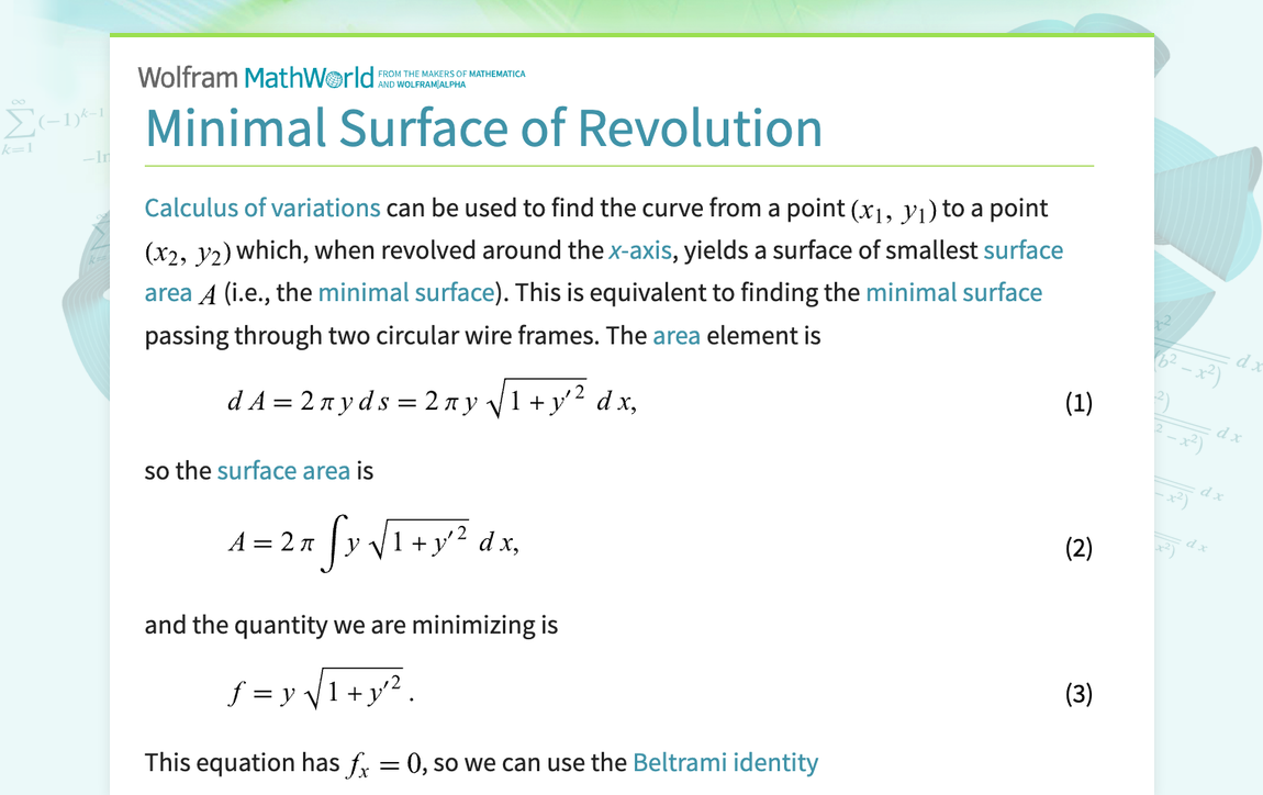 Minimal Surface of Revolution -- from Wolfram MathWorld