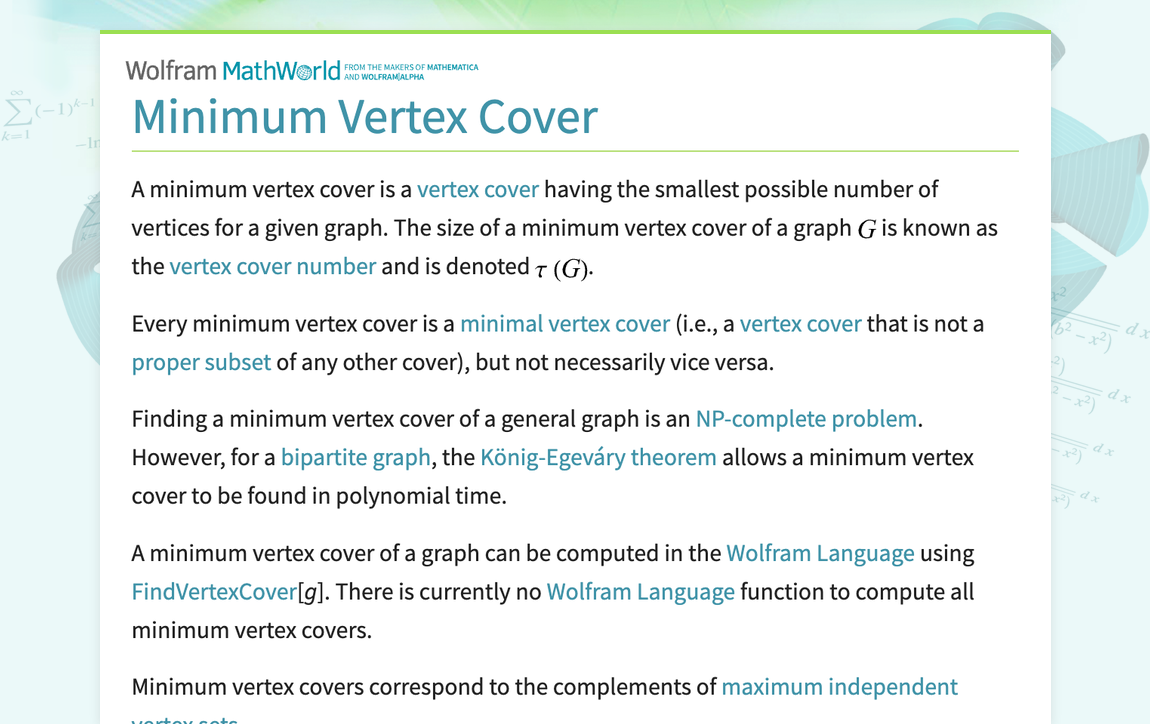 Minimum Vertex Cover -- from Wolfram MathWorld